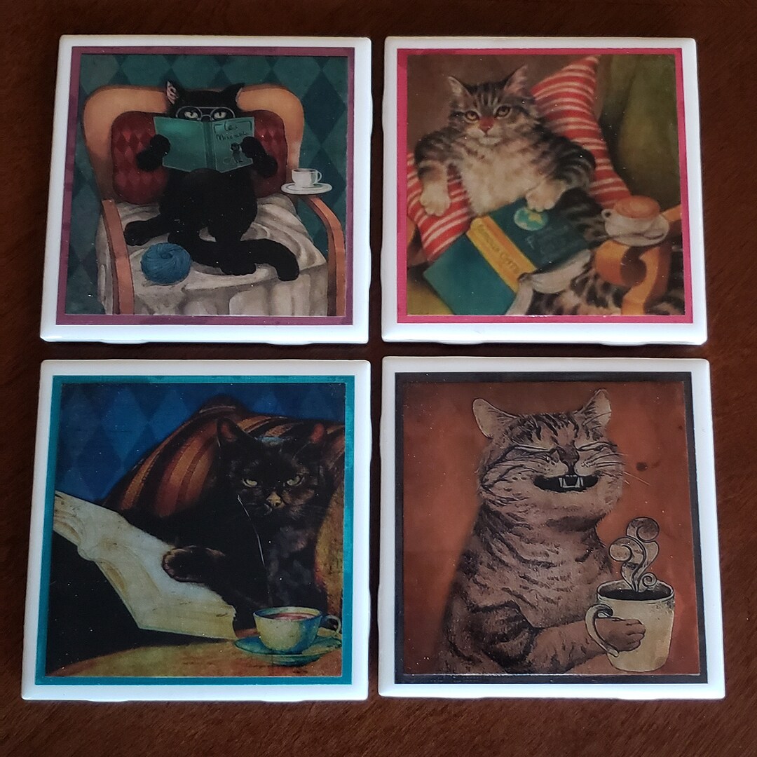 Set of 4 Ceramic Coasters, Cats With Coffee and Books - Etsy