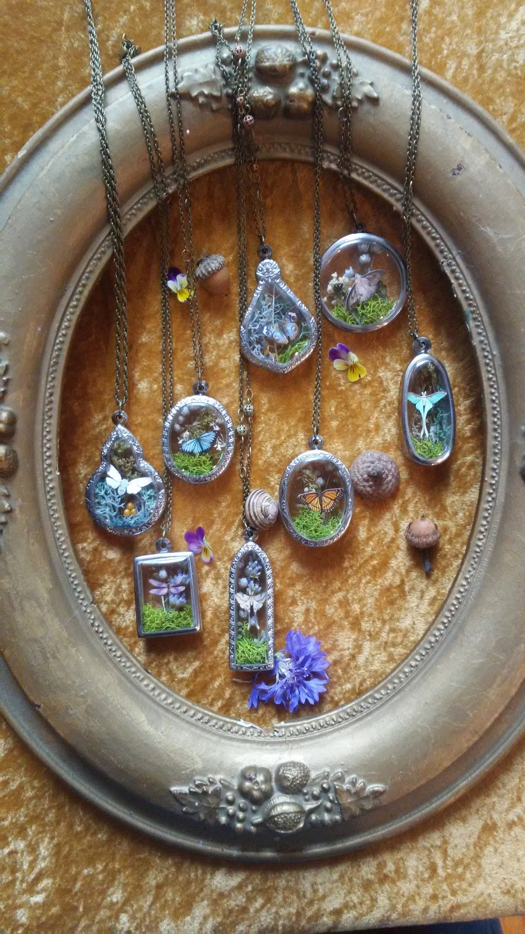 Tiny Terrarium Butterfly, Moth, Cicada, Mushroom Pendant Necklace ...