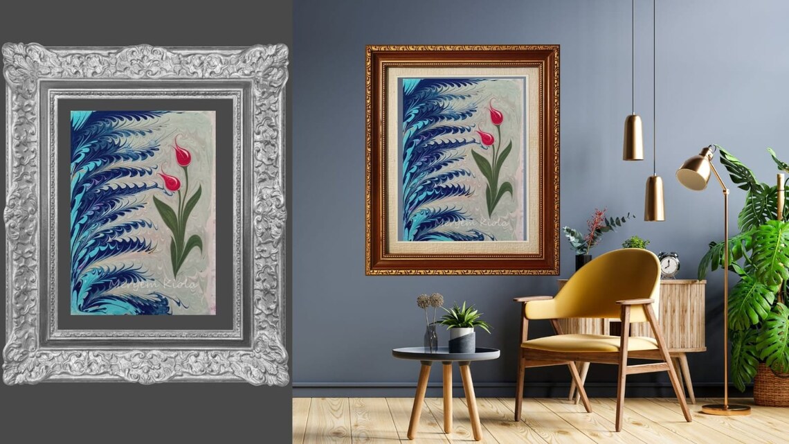 Ottoman Art EBRU Painting on Water tulips in the Fragrance - Etsy
