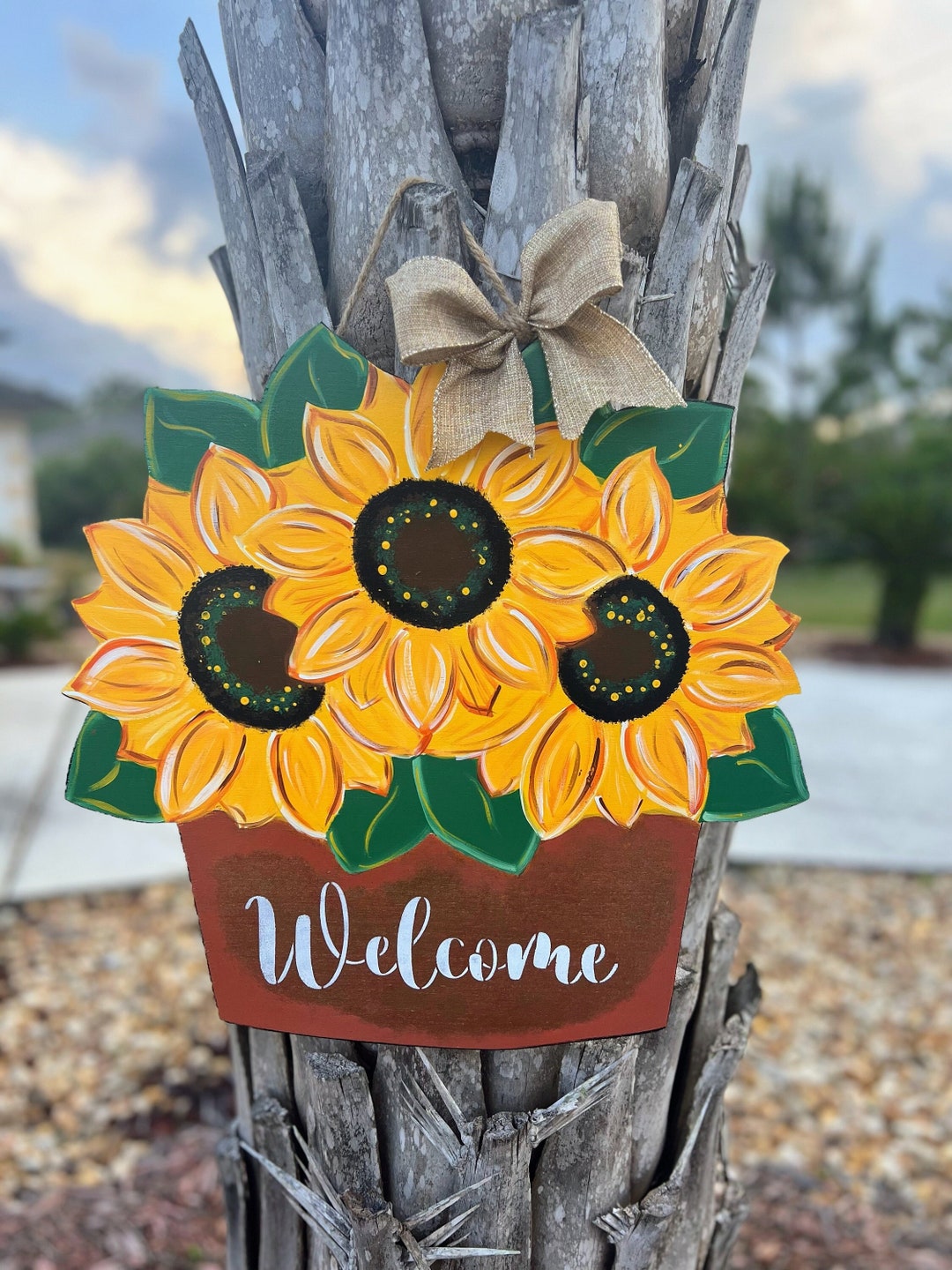 Hand Painted Sunflower Welcome Door Hanger: 18" Wooden Sign - Etsy