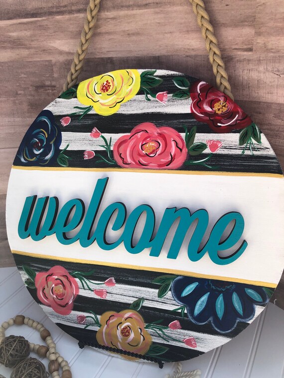 Welcome Round Door Hanger/ Hand Painted Welcome Sign/ Shabby | Etsy