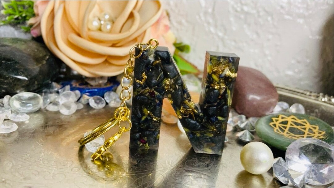 Handmade Resin Letter D Keychain With Lavender Flower and Gold Flakes ...