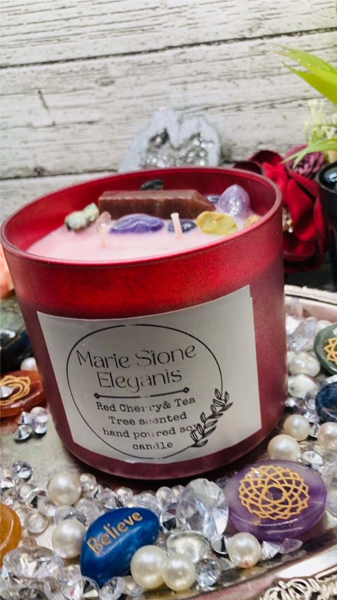 Red Cherry & Tea Tree Scented Enchanted Crystal Candles Handmade With ...