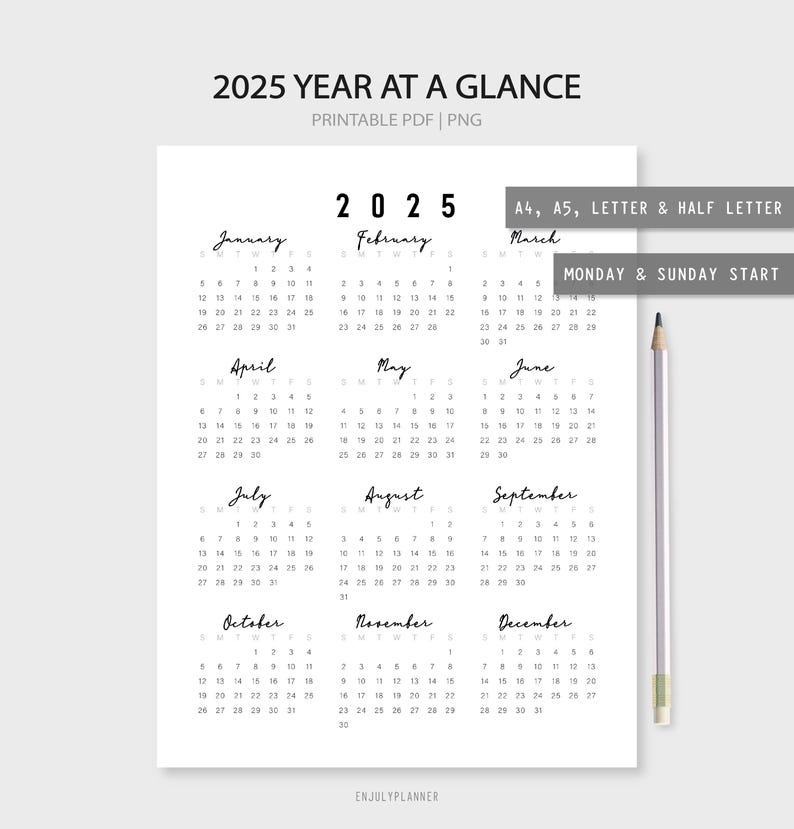 2025 Calendar Printable | Yearly Calendar 2025 | Year at a Glance | A4 ...