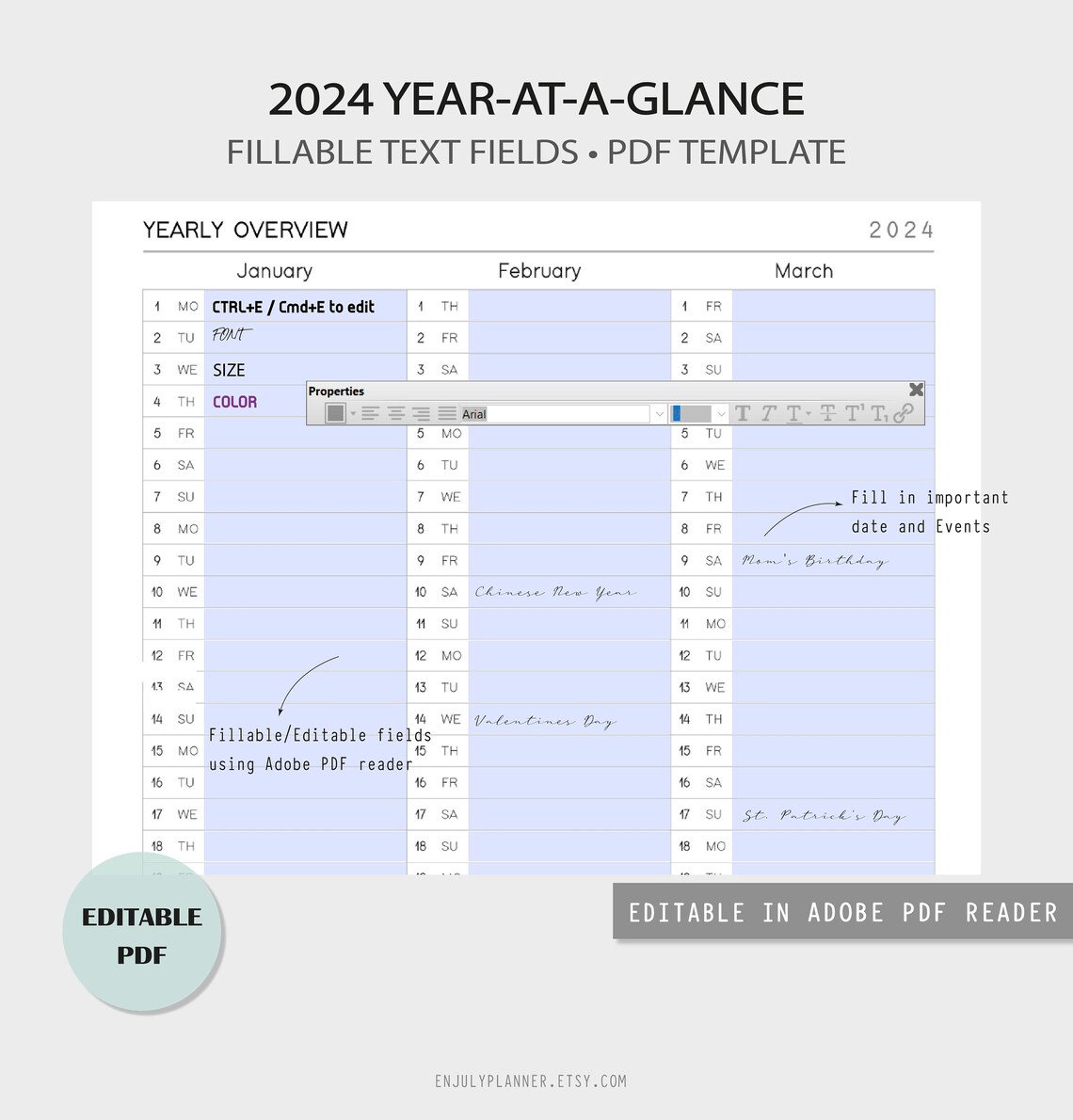 2024 Yearly Planner Printable Yearly Agenda Yearly Planner Fillable ...