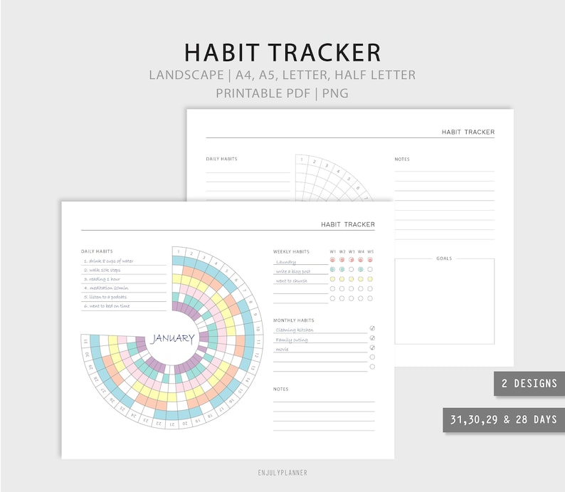 Circle Habit Tracker | Landscape Printable Monthly Habit Track | Habit ...