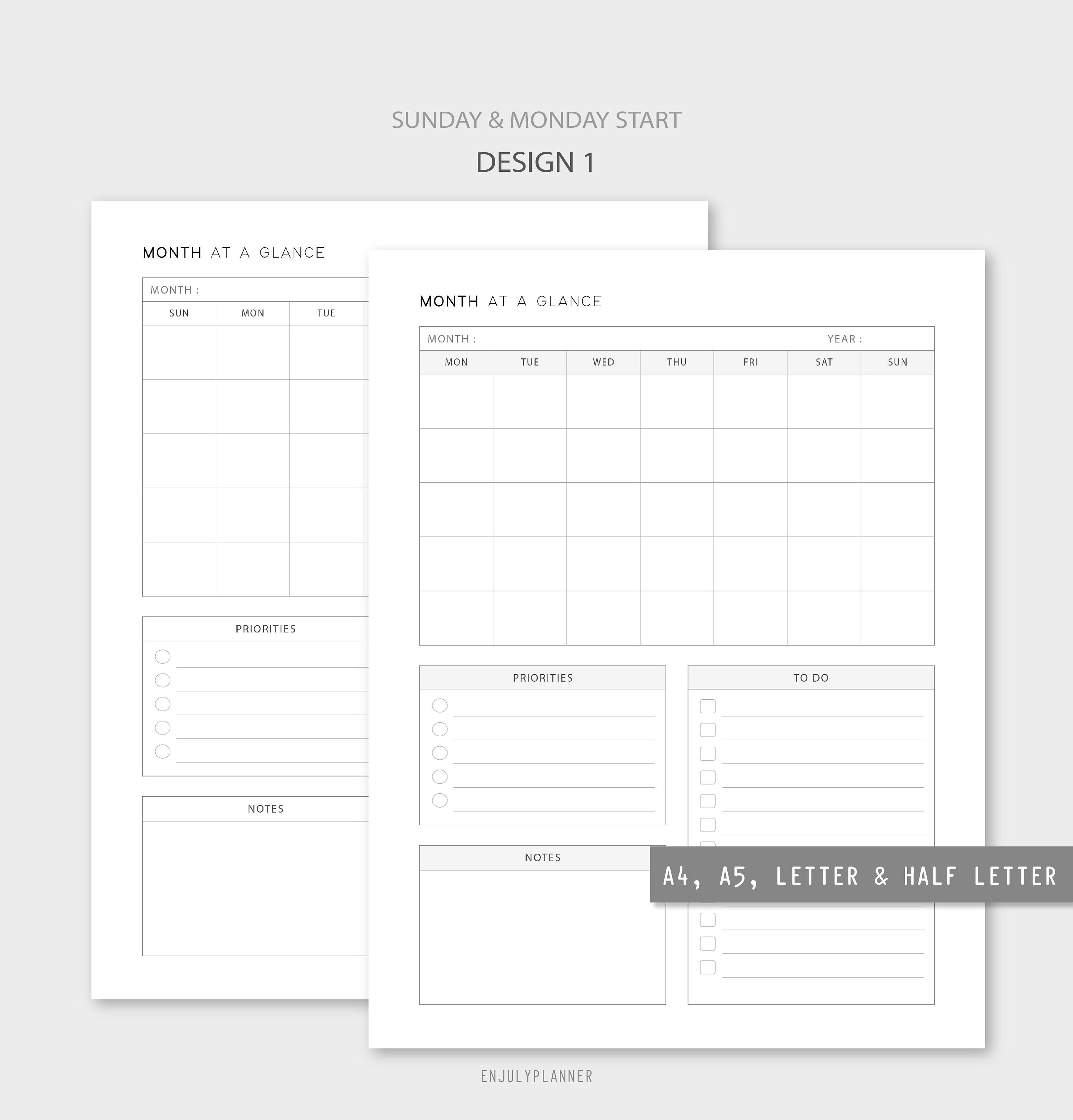 Month at a Glance Printable Monthly Dashboard Goals to Do - Etsy