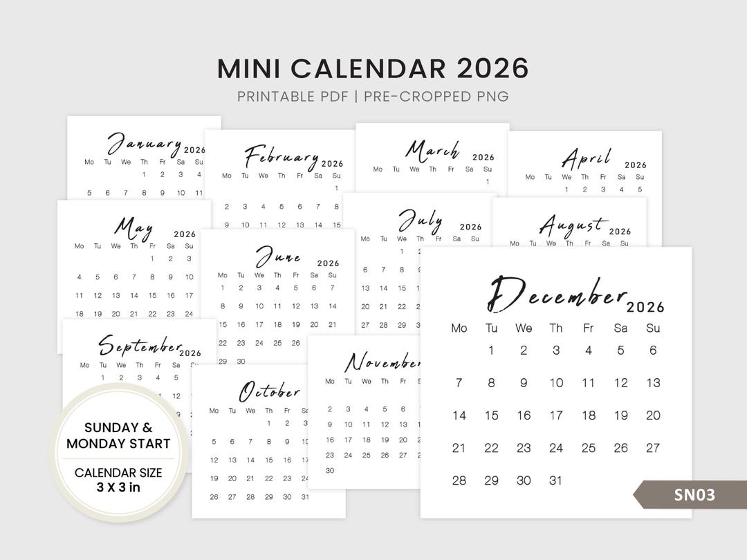 2026 Mini Calendar: 3x3" Printable Planner Card (PDF & PNG Download) - Etsy