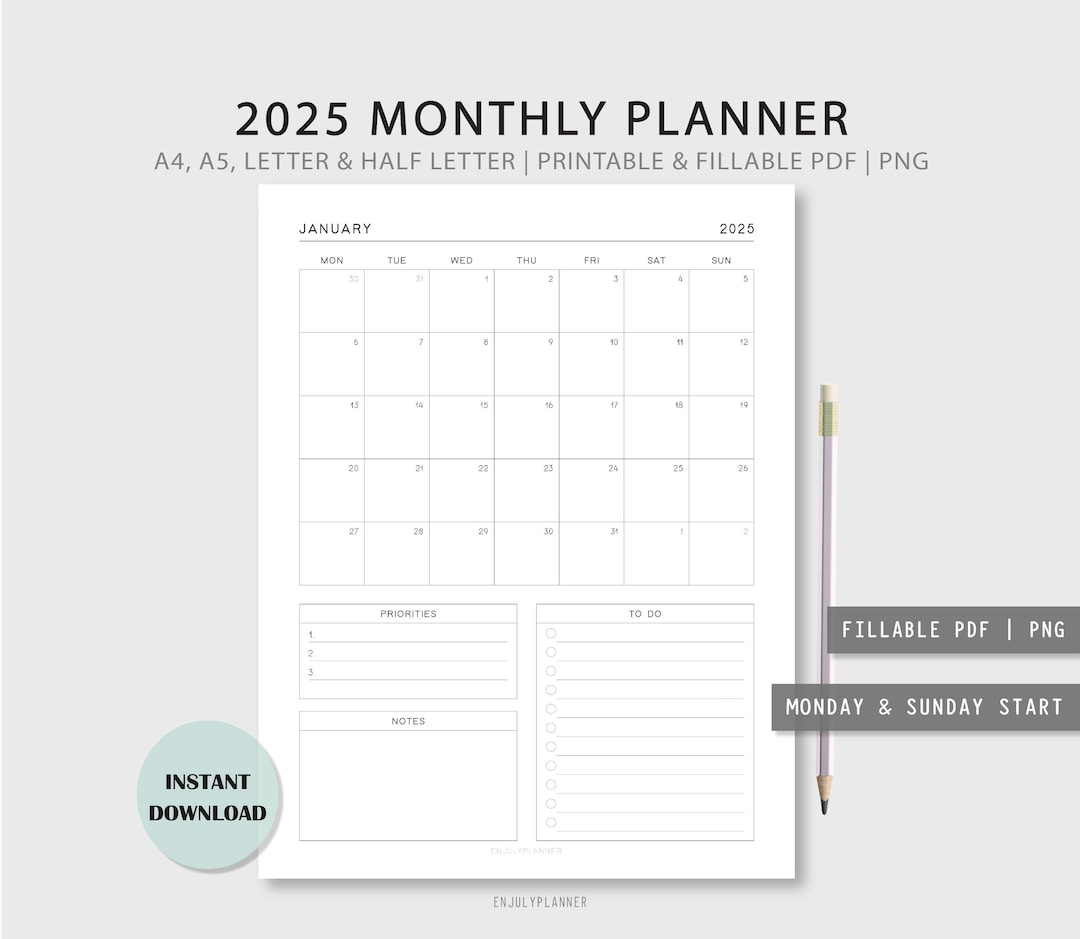2025 Monthly Planner | Vertical Printable & Fillable Monthly Calendar ...