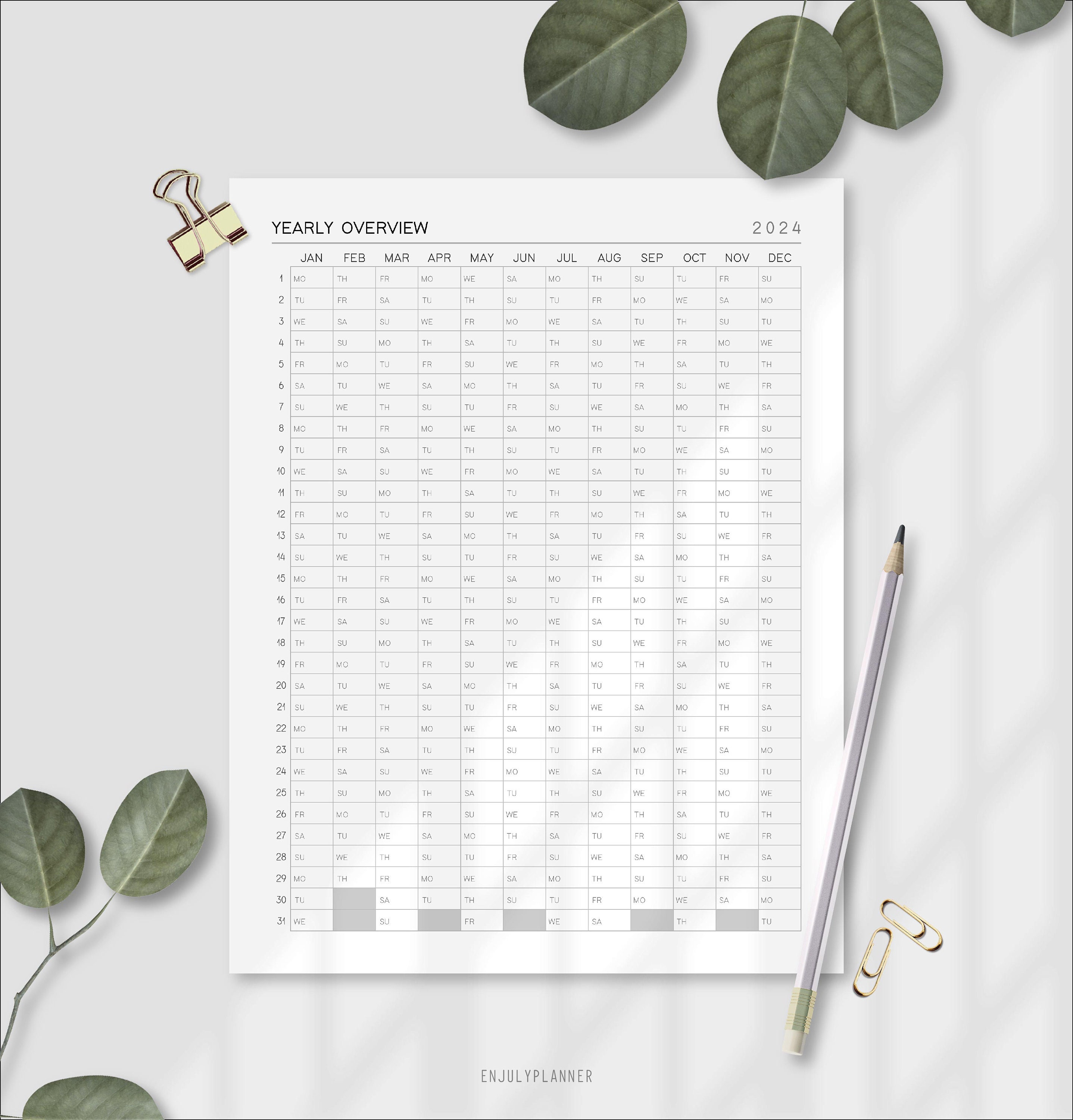 2024 Yearly Planner Printable Yearly Overview Yearly Tracker Year at A ...