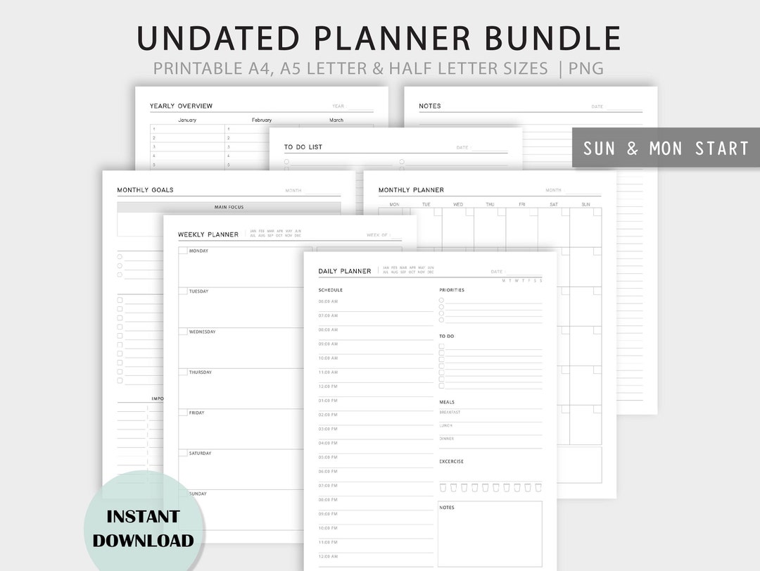 Printable Planner Bundle: Daily, Weekly, Monthly (A4, A5, Letter Sizes ...