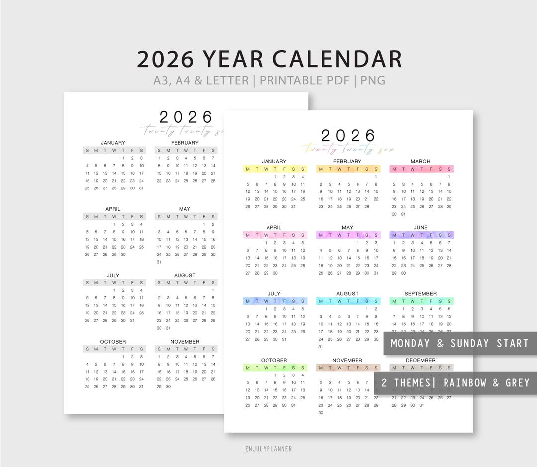 2026 Printable Calendar: Rainbow & Grey Themes (digital Download) - Etsy