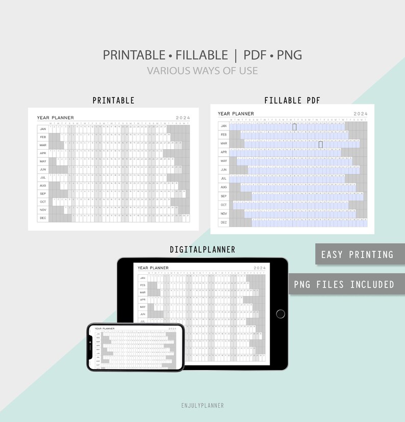 2024 Yearly Planner Printable Yearly Calendar Horizontal Year at A ...