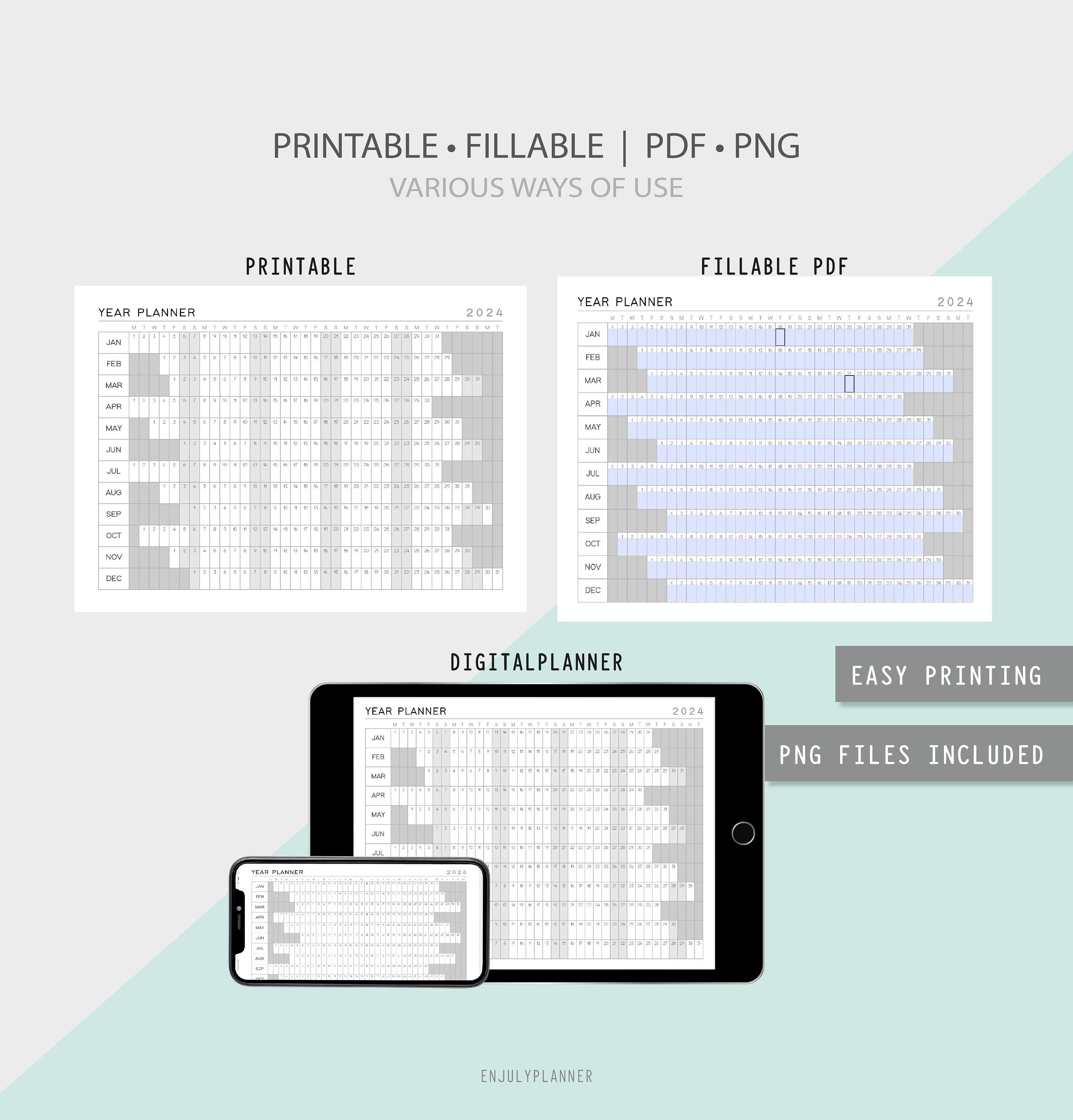 2024 Yearly Planner Printable Yearly Calendar Horizontal Year at A ...