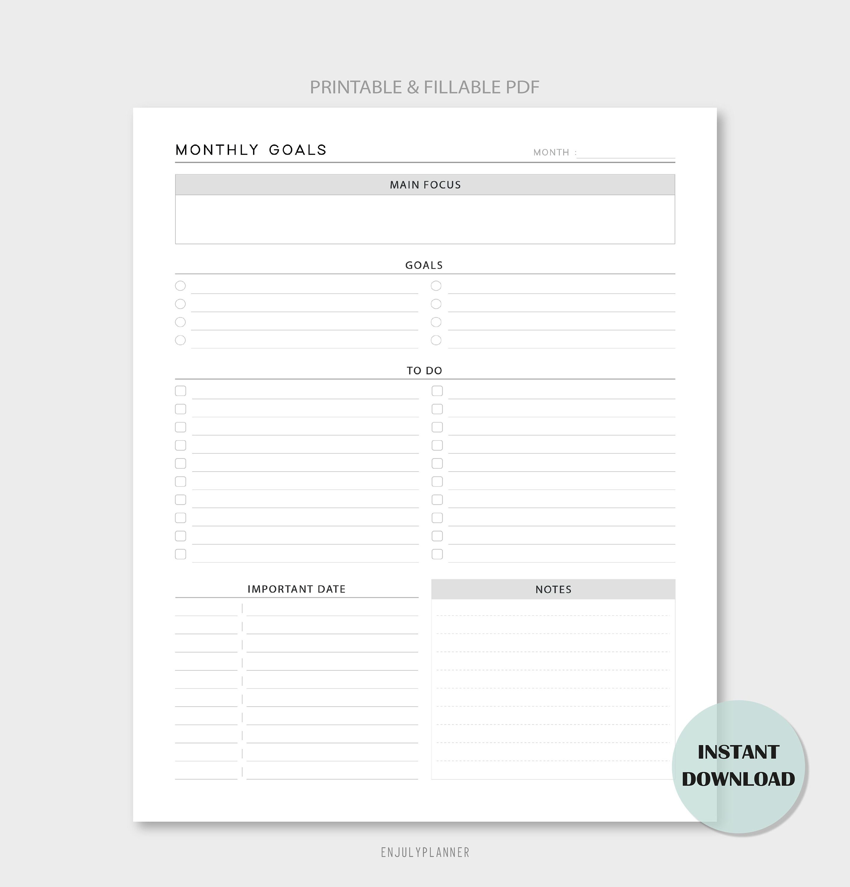 Monthly Goal Printable Fillable Monthly Plan, to Do List Productivity ...