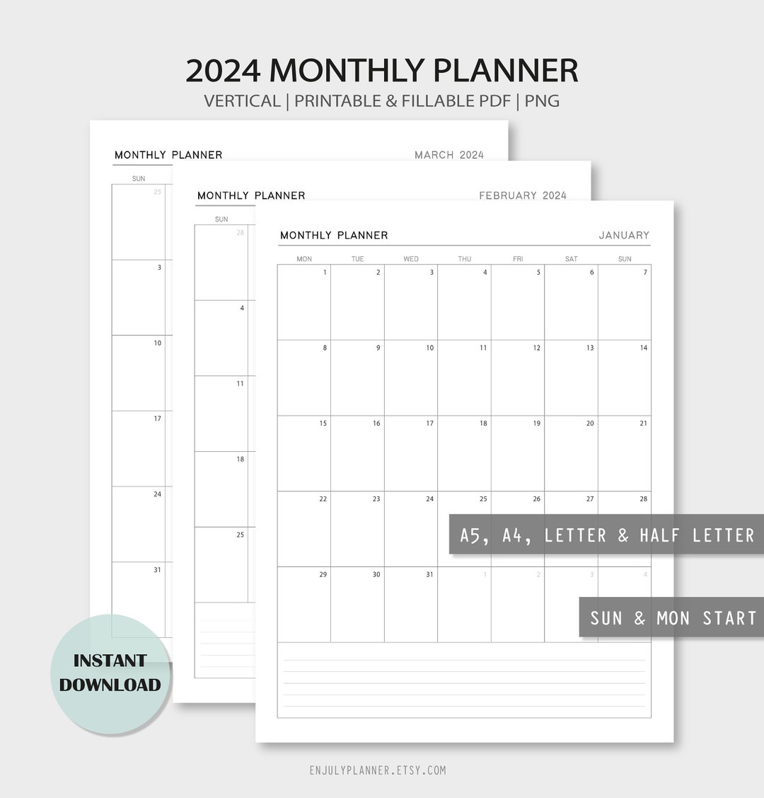 2024 Monthly Planner Printable Fillable Monthly Calendar Minimal ...