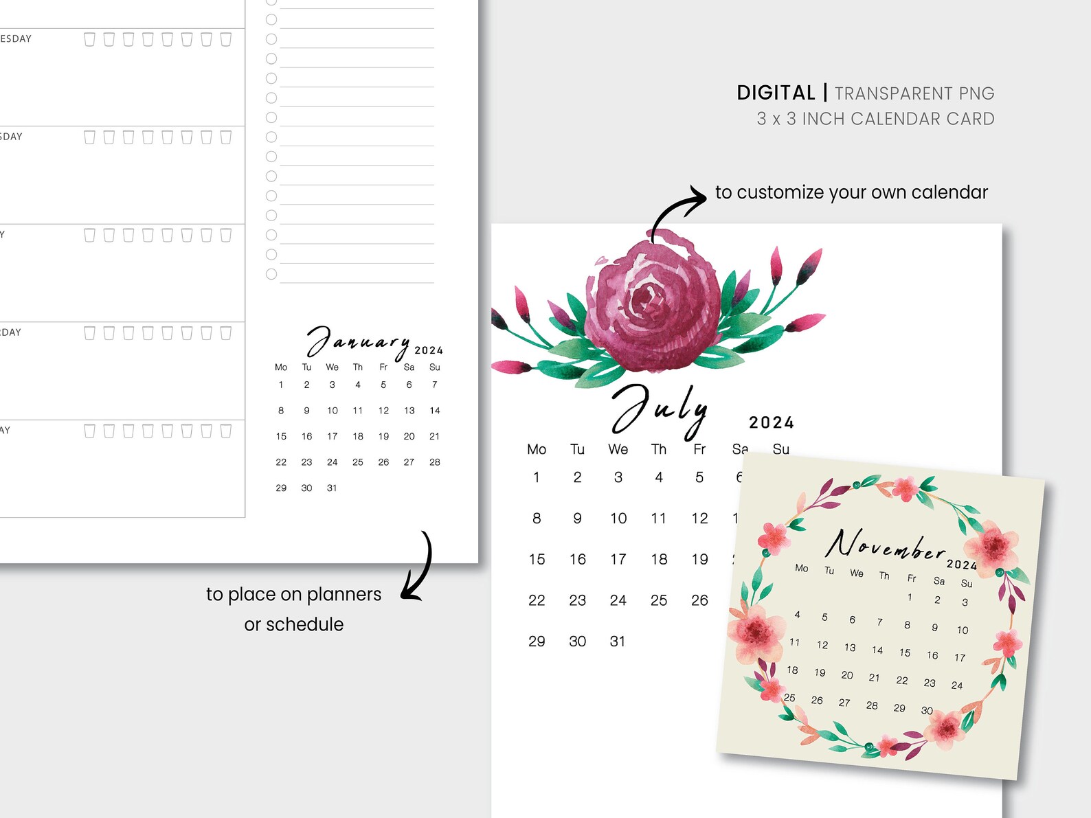 Calendar 2024 Mini Calendar 3x3 Desk Calendar Printable Planner Card ...