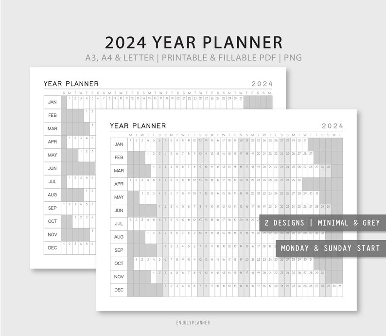 2024 Yearly Planner Printable Yearly Calendar Horizontal Year at A Glance EDITABLE PDF YO1P PNG ...
