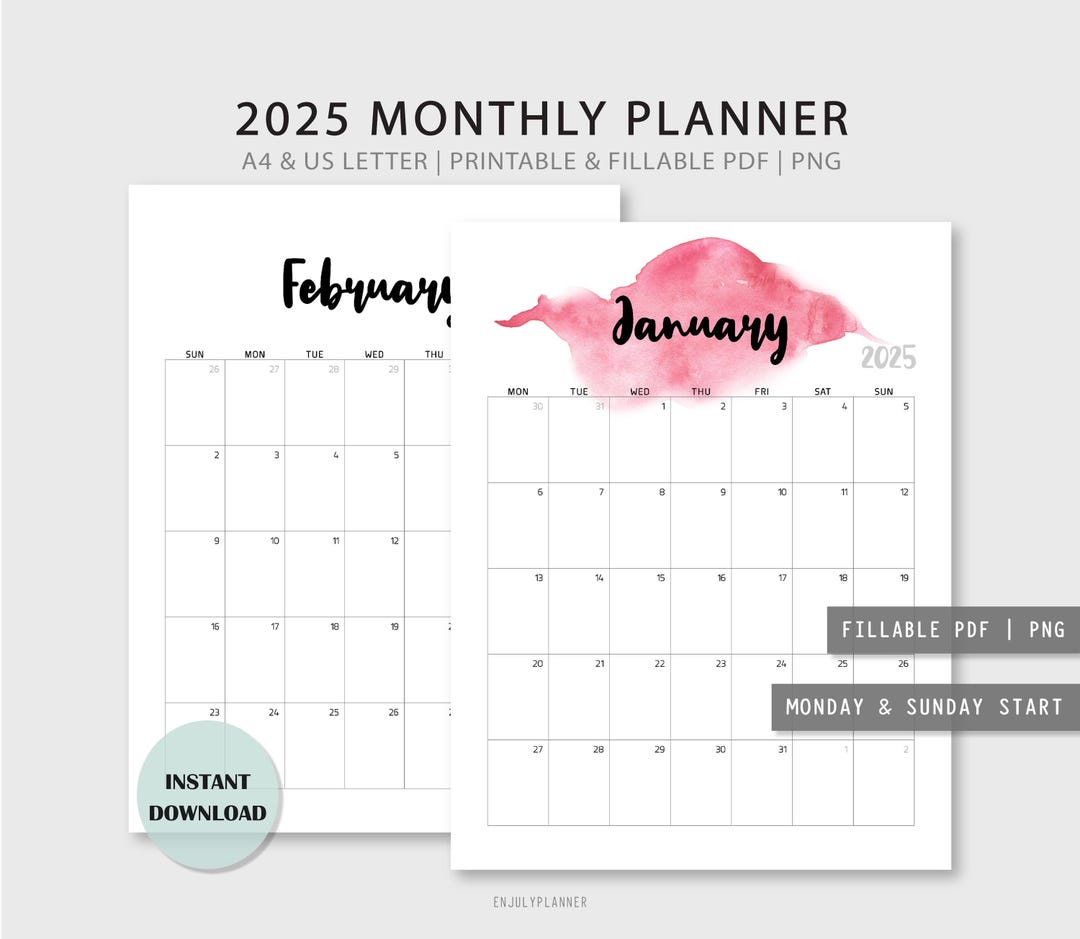 2025 Watercolor Monthly Calendar: Fillable Printable (A4, US Letter ...