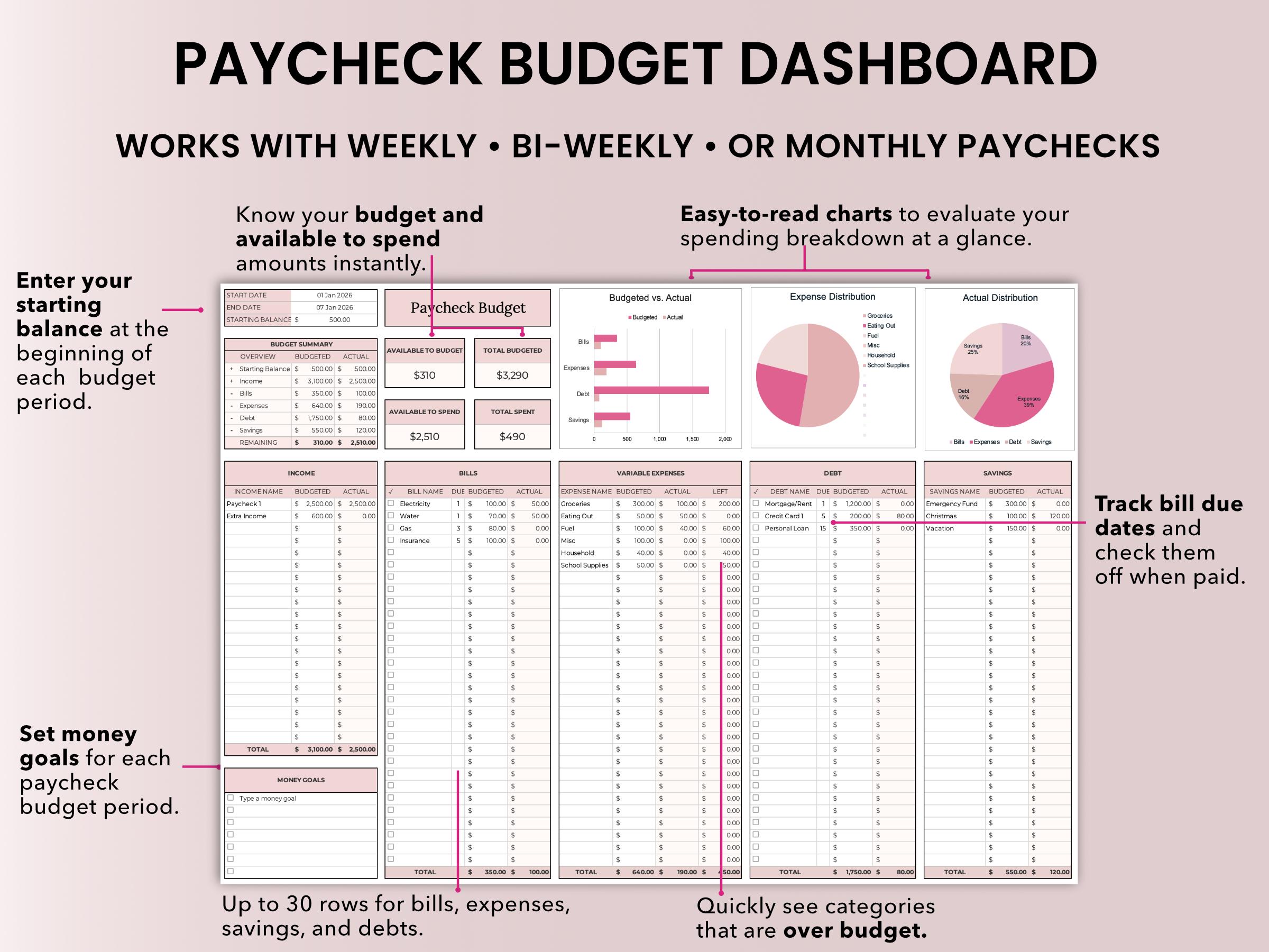 Excel Budget by Paycheck, Bi-weekly Budget, Paycheck Budget Template ...