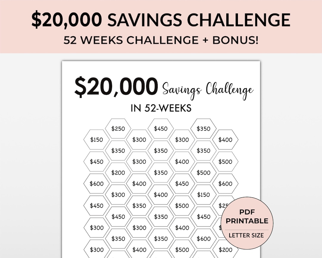 20,000 Savings Challenge Printable: 52-week Tracker (PDF) - Etsy