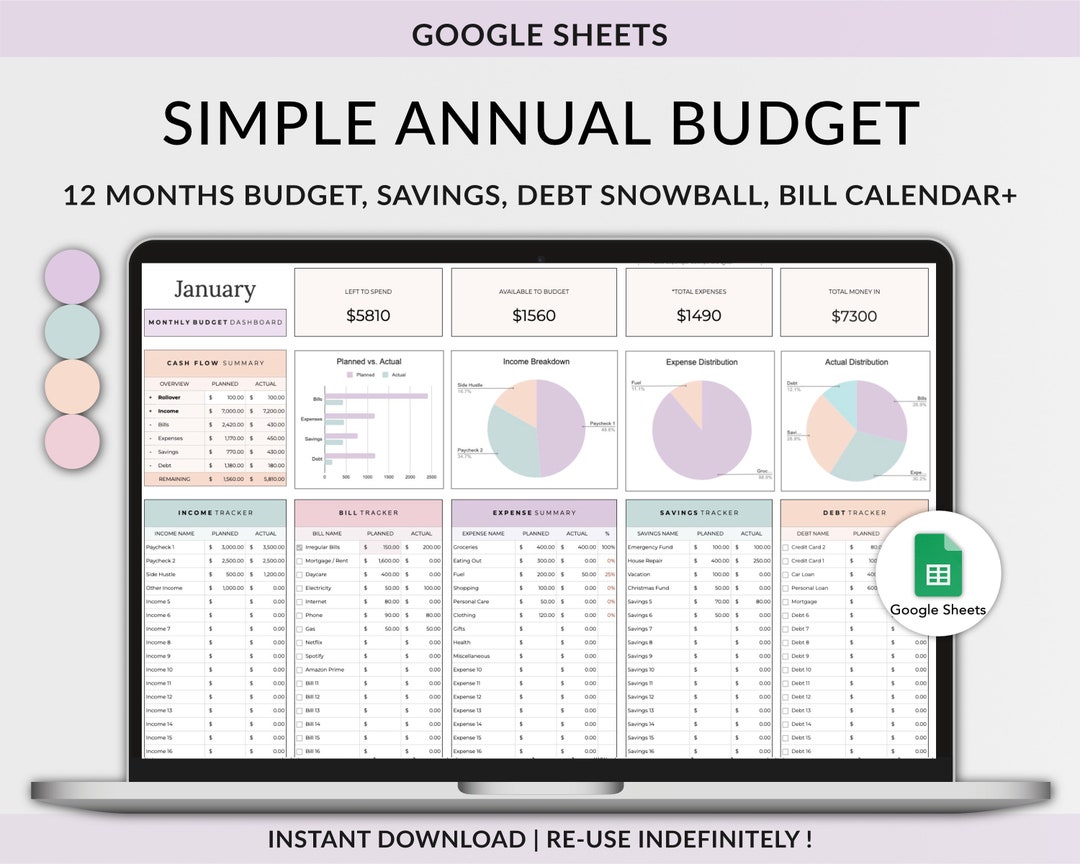 Annual Budget Spreadsheet, Google Sheets Budget Template, Monthly ...