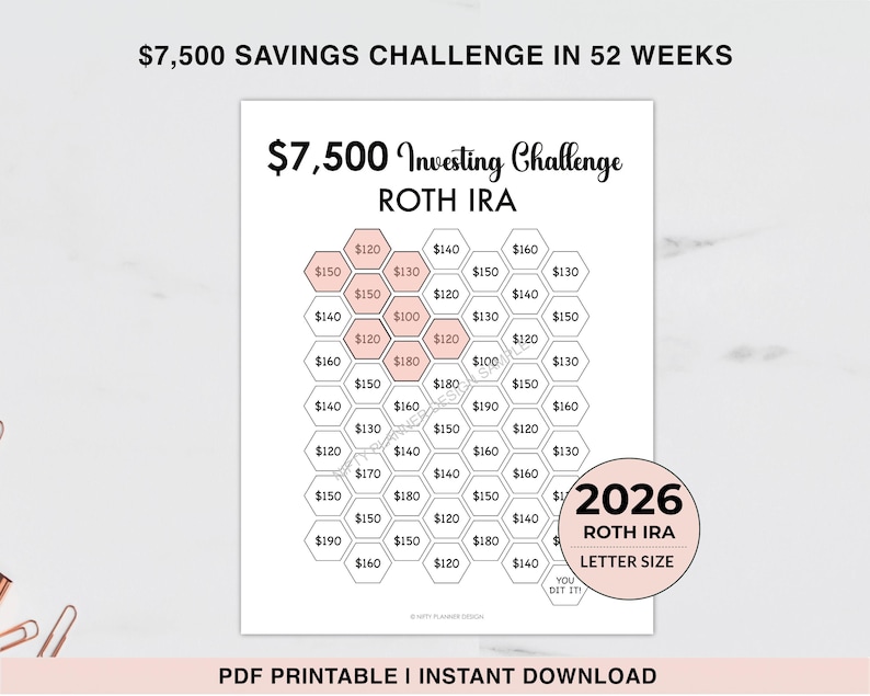 7500 Roth IRA 2026 Savings Challenge Tracker, 7500 Savings Challenge ...