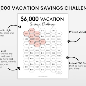 6,000 Vacation Savings Challenge, 6000 Savings Tracker, Emergency Fund ...