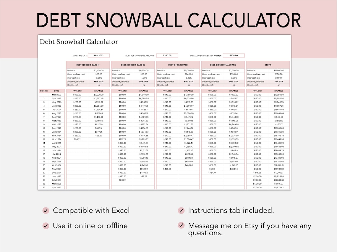 Debt Snowball Spreadsheet Excel Debt Calculator Google - Etsy