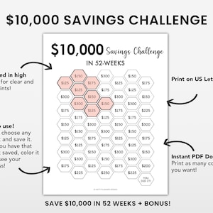10K Savings Challenge Printable: 52 Week Money Tracker (PDF) - Etsy