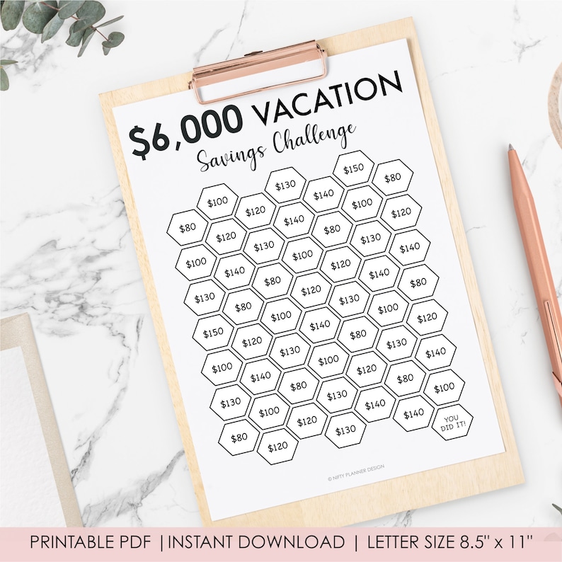 6000 Vacation Savings Challenge 6000 Savings Tracker - Etsy