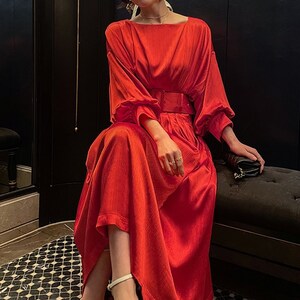 Burning Red Deluxe One Piece Pleated Dress, Designer Woman Long Dress ...