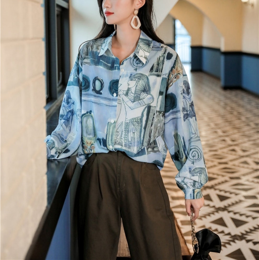 Designer Vintage Art Blouse, Women Top With Egypt Print Art for Casual ...