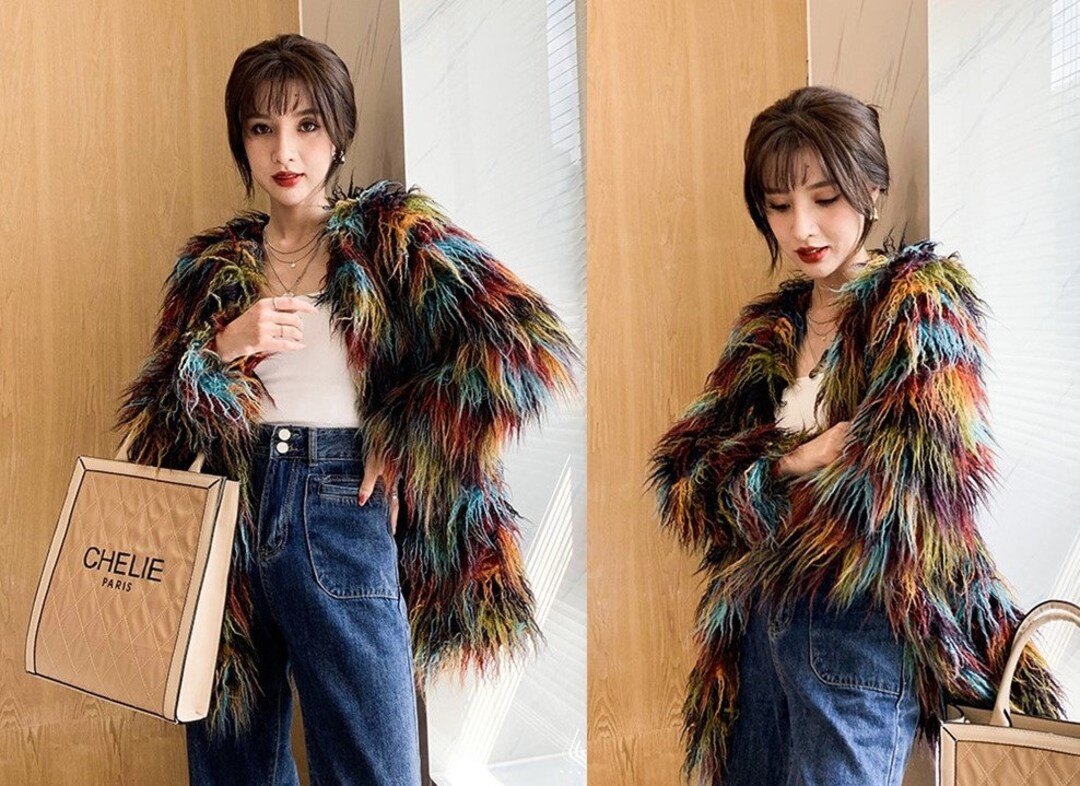Furry Wool Fur Jacket Coat Mixed Color Rave Punk Goth Cozy Plur Top ...