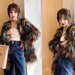 Furry Wool Fur Jacket Coat Mixed Color Rave Punk Goth Cozy Plur Top ...