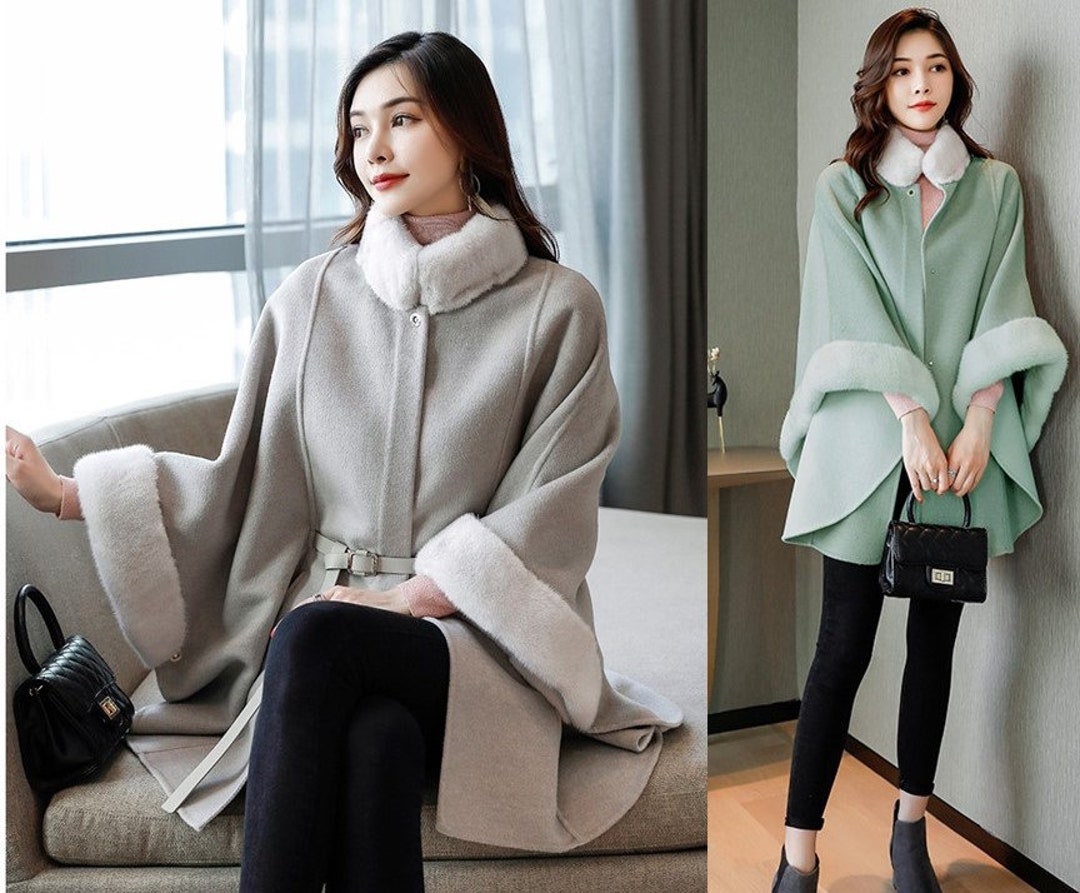 Light Gray/ Green Cape Coat , Designer Woman Modern Short Cloak/ Poncho ...
