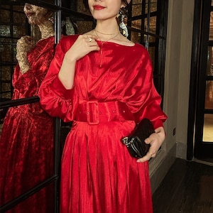 Burning Red Deluxe One Piece Pleated Dress, Designer Woman Long Dress ...