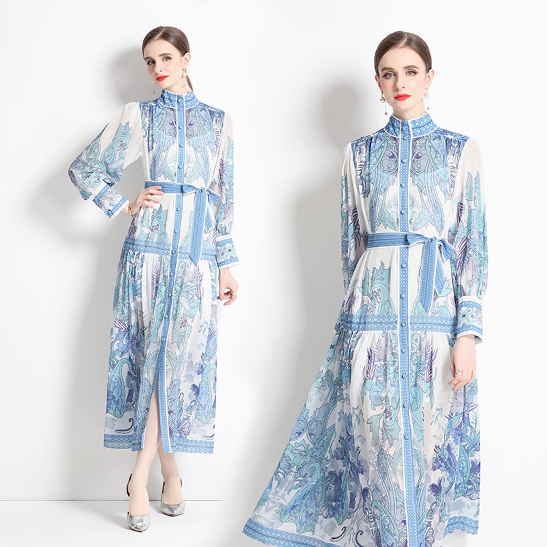 Classic Pattern Midi Dress Boho Sun Dress Vintage Floral Dress Casual ...