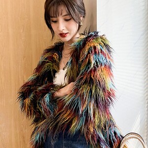 Furry Wool Fur Jacket Coat Mixed Color Rave Punk Goth Cozy Plur Top ...