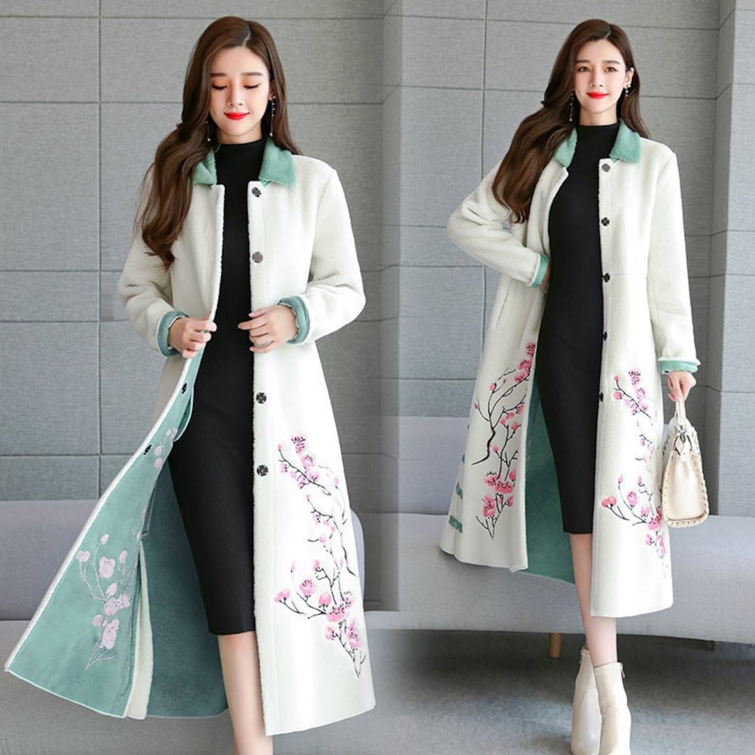 Floral Embroidery Wool Trench Coat , Designer Woman White Long Coat ...