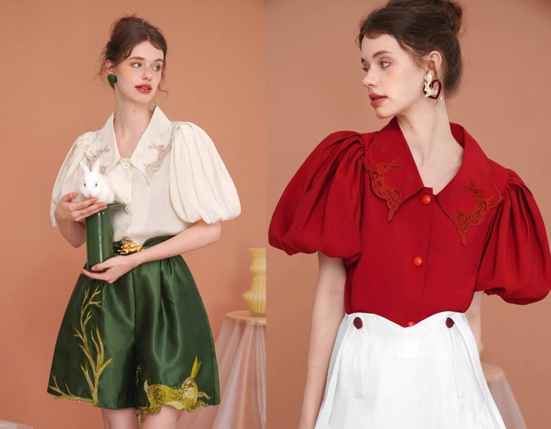 Artistic Spring Special Rabbit Embroidery Collar Shirt, Designer Puffy ...