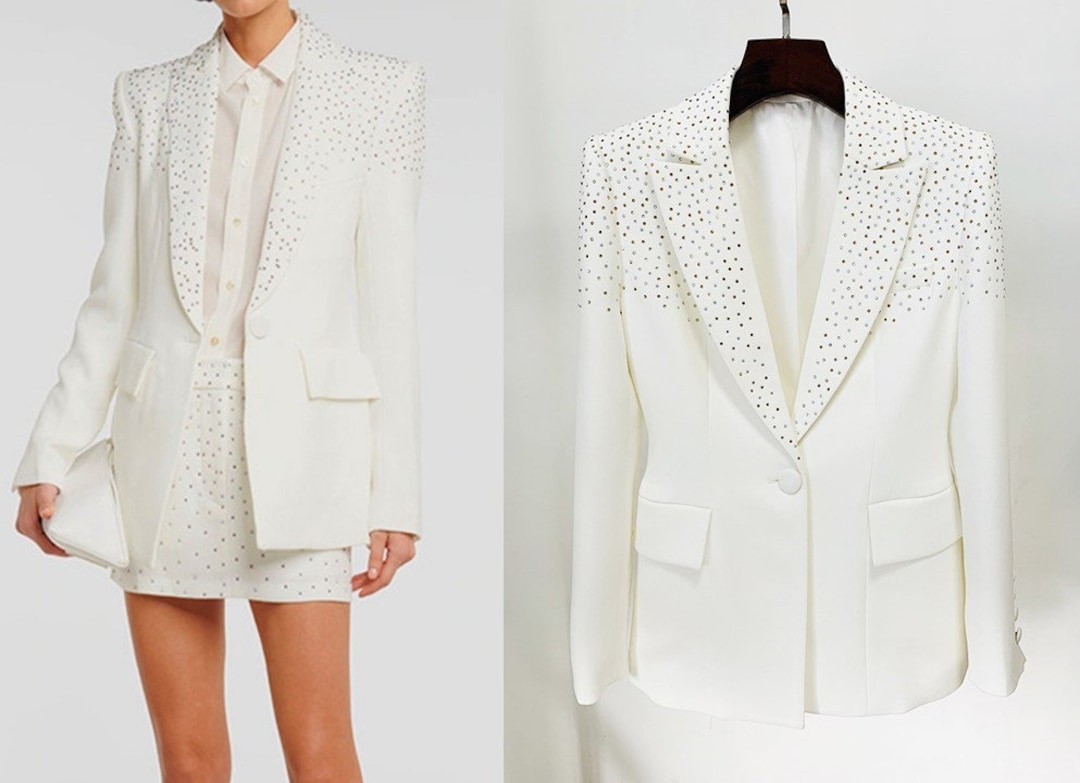 Embellished White Slim Cut Dress Suit, Designer Women Slim Cut Blazer ...