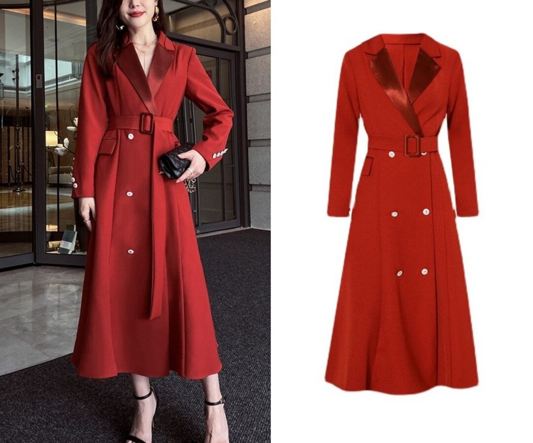Red Deluxe Trench Coat, Designer Woman Long Overcoat for Smart Casual ...
