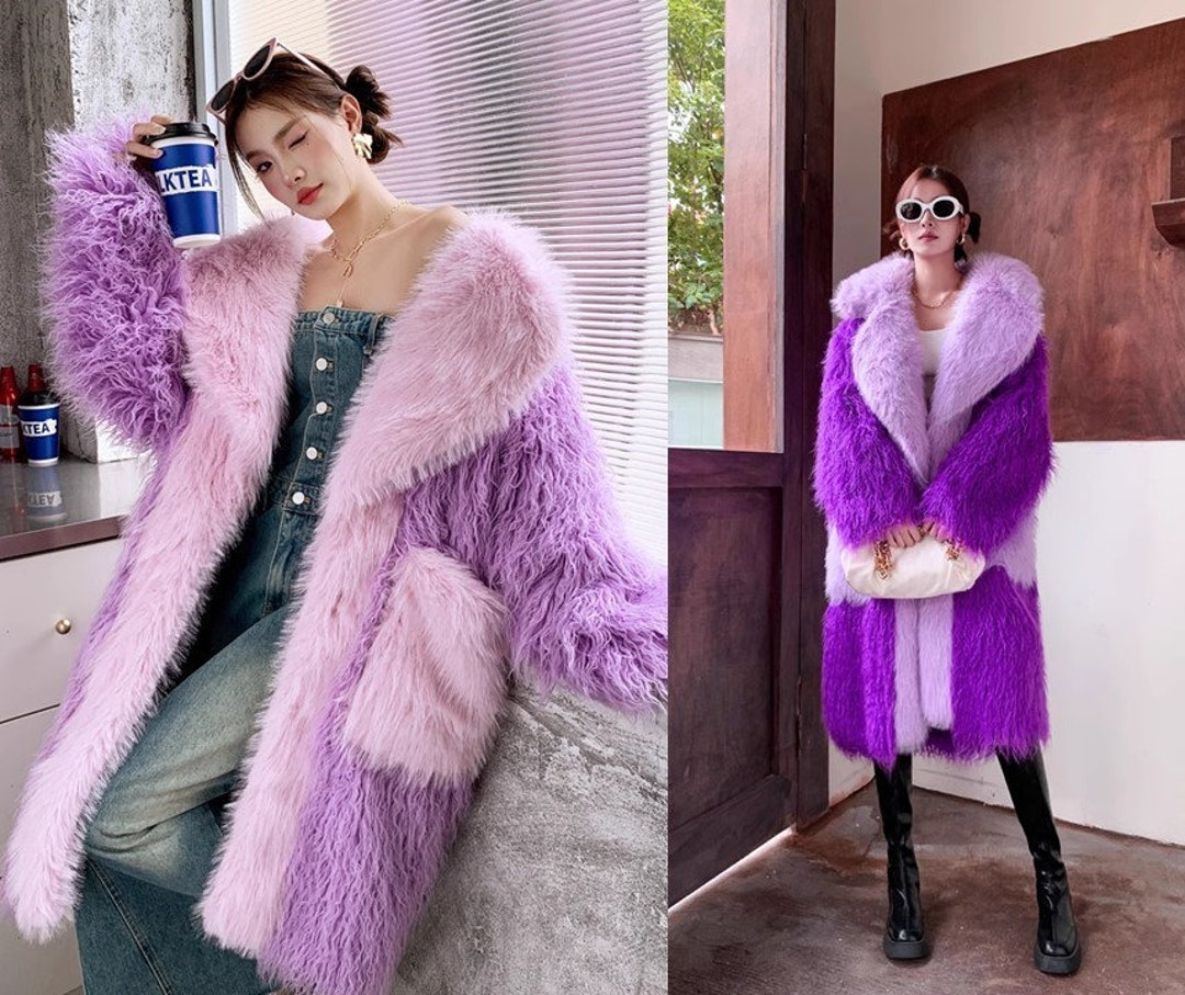 Furry Faux Fur Purple Coat With Big Collar Color, Rave Punk Goth Cozy ...