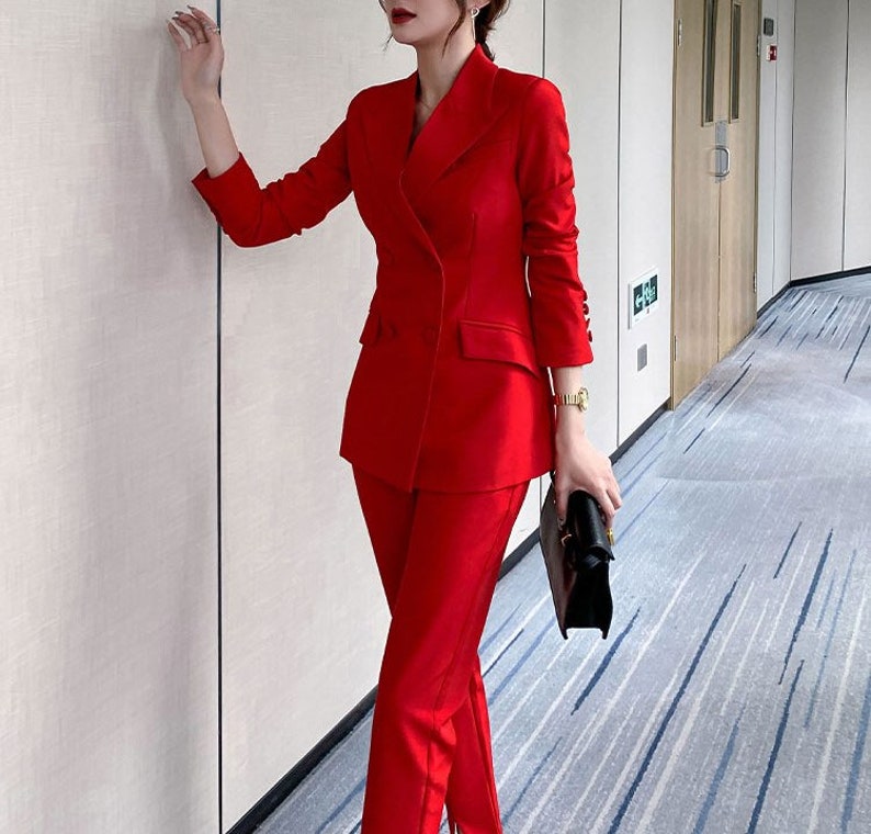 Red Office Pantsuit Designer Woman Suit Jacket Pants Silm - Etsy