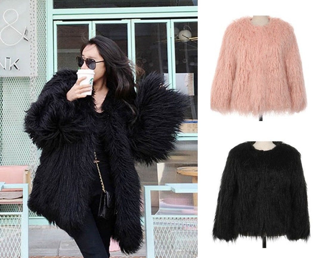 Fluffy Furry Faux Fur Jacket Coat Solid Color Black/ Pink Rave Punk ...