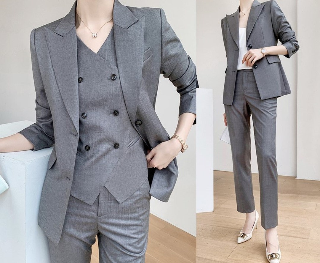 Gray Women Slim Cut Pantsuit, Designer Woman Modern Blazer Vest Pants ...