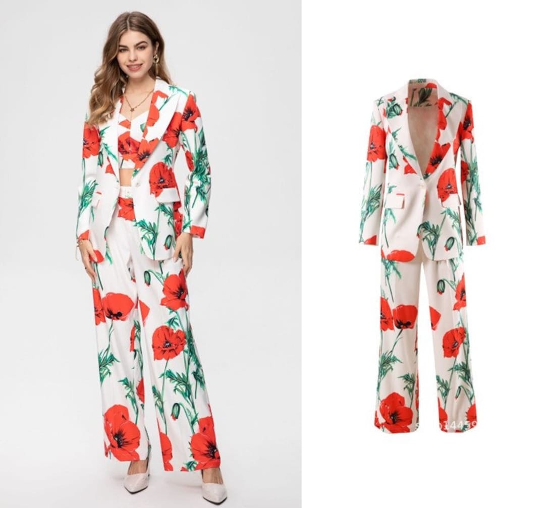 Floral Pattern Slim Cut Pantsuit, Designer Women One Button Blazer ...