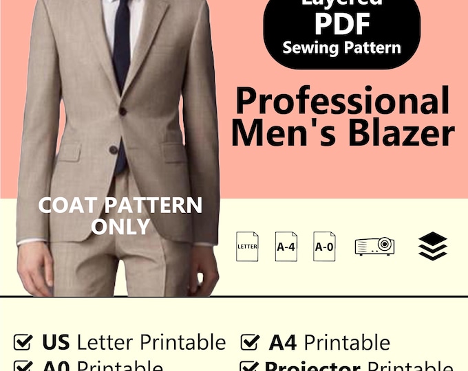Men's Blazer PDF Sewing Pattern | Professional Notch Lapel Jacket Mold ...