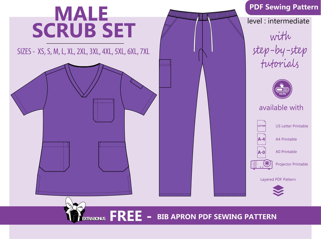 Male Scrub Set PDF Sewing Pattern | Unisex Nurse Tunic Trouser| Instant ...